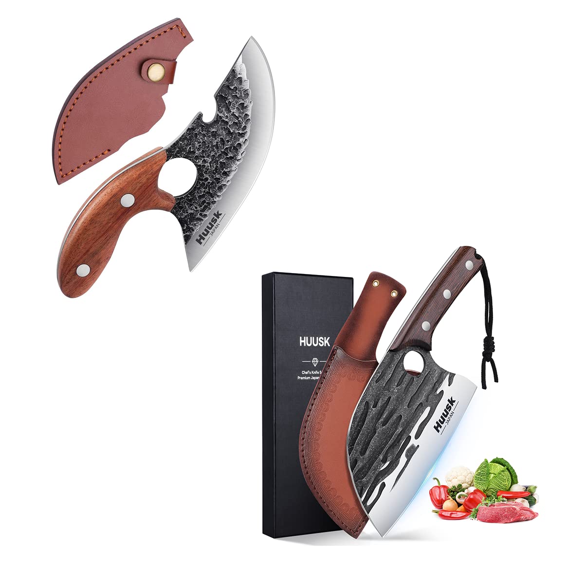 Huusk Upgraded Serbian Chef Knife Bundle Small Meat Cleaver Knife with Leather Sheath and Gift Box