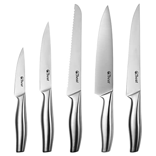 Fashionwu 5pcs Kitchen Knife Set, Stainless Steel Chef Knife Set, Kitchen Knives Set with Transparent Cover, Non-Slip Handle, Santoku Knife, Serrated Bread Knife, Kitchen Cooking Set with Gift Box