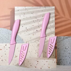 2 pcs kitchen knife set 3.5” paring knife with sheath + peeler non stick stainless steel blade pink combo (2 pink knives)