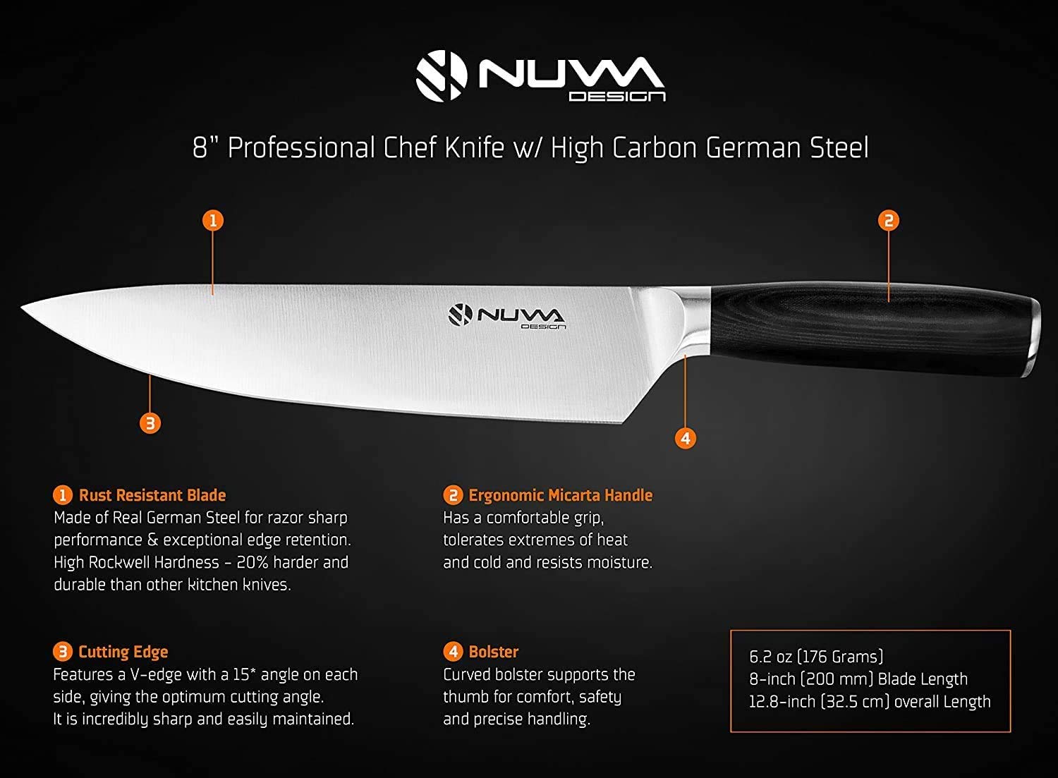 GEAR DISTRICT 8" Professional Chef Knife - High Carbon German Steel, Razor-Sharp Blade, Ergonomic Handle, Full Tang Design, Includes Hand Deodorizer