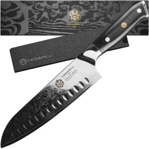 kessaku santoku knife - 7 inch - damascus dynasty series - razor sharp kitchen knife - forged 67-layer japanese aus-10v high carbon stainless steel - g10 garolite handle with blade guard