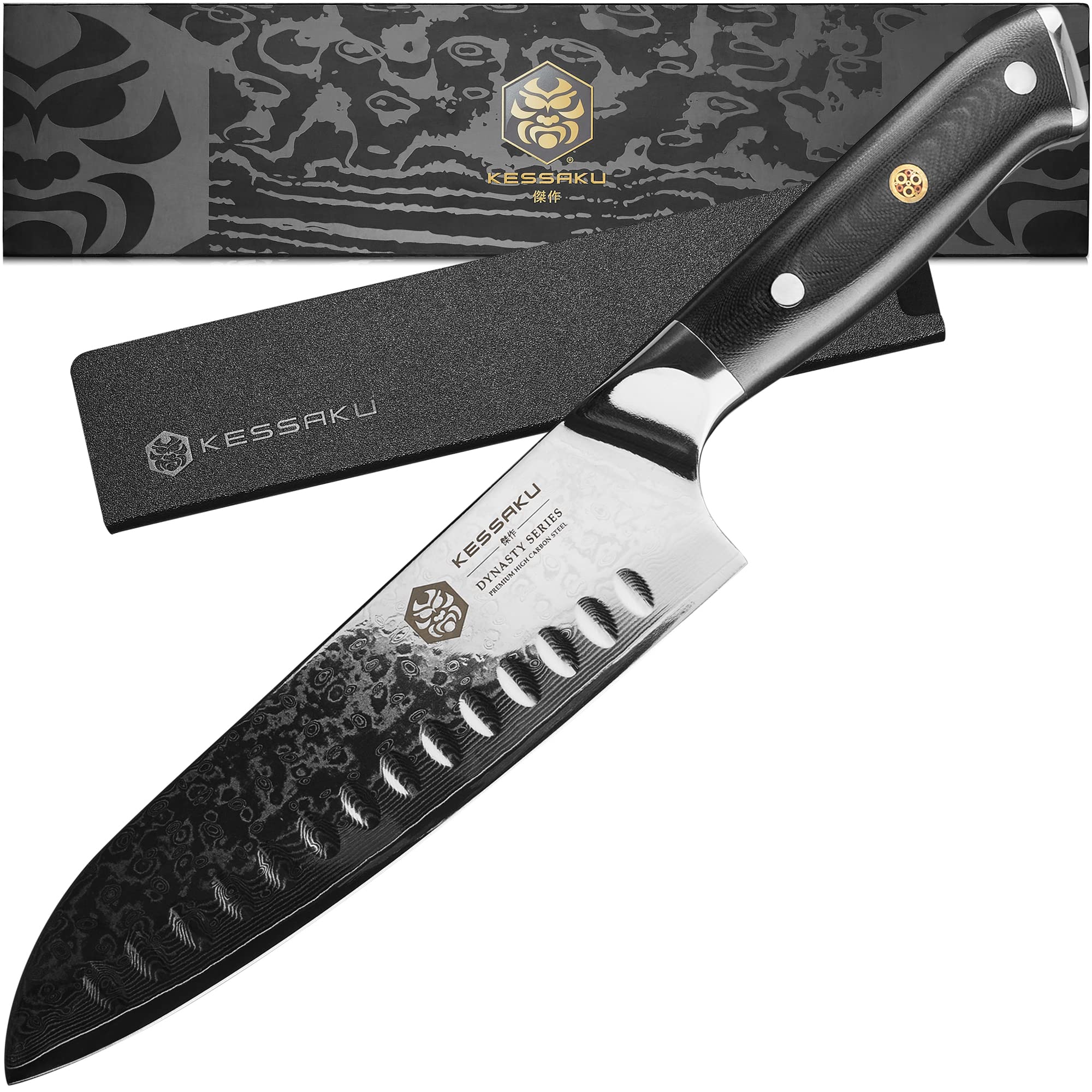 KESSAKU Santoku Knife - 7 inch - Damascus Dynasty Series - Razor Sharp Kitchen Knife - Forged 67-Layer Japanese AUS-10V High Carbon Stainless Steel - G10 Garolite Handle with Blade Guard