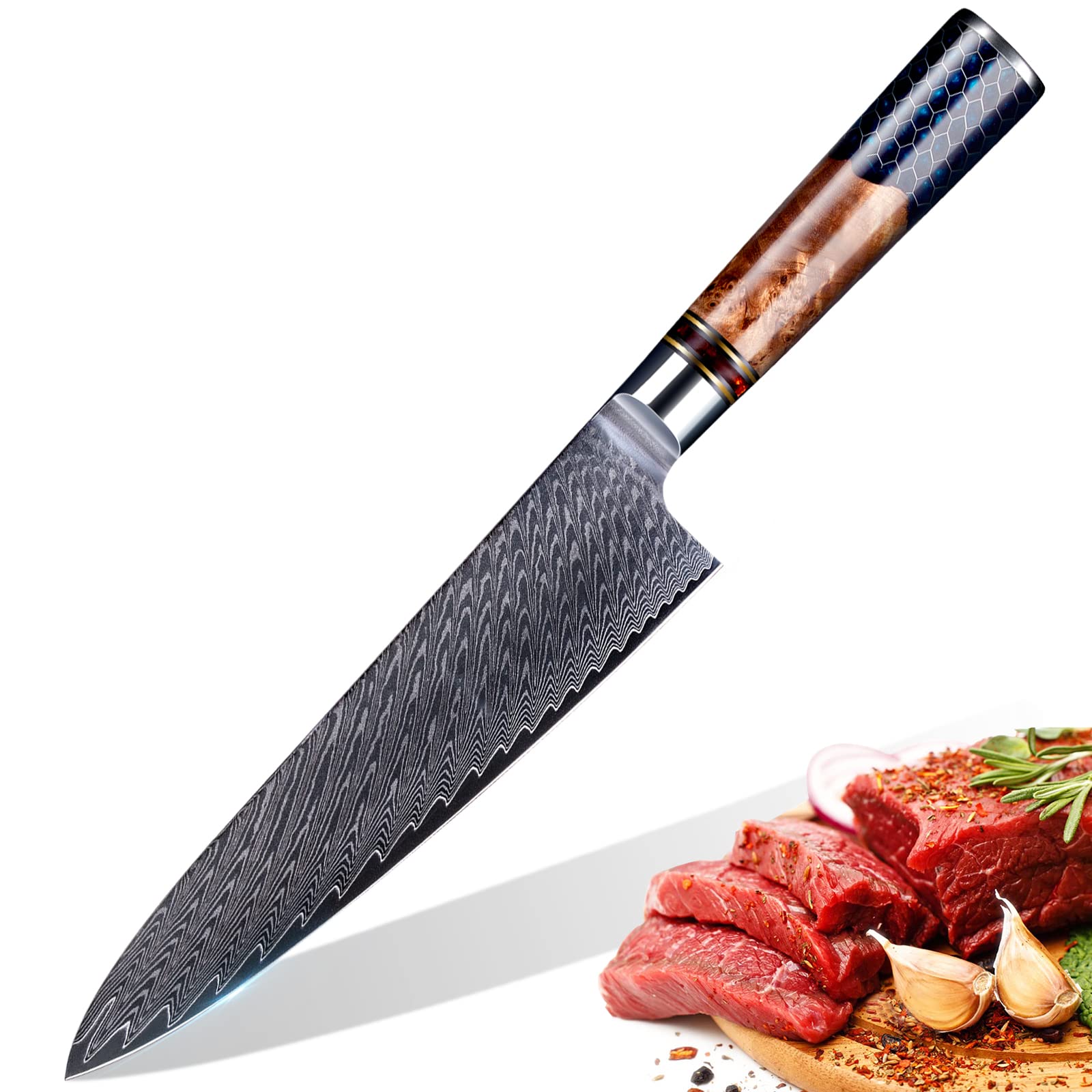 JunJing 8 inch Damascus Chef Knife, Damascus Steel Kitchen Chef Knife, Gyuto Chef Knife 67-layer High Carbon Stainless Steel with Ergonomic Resin Wood Handle