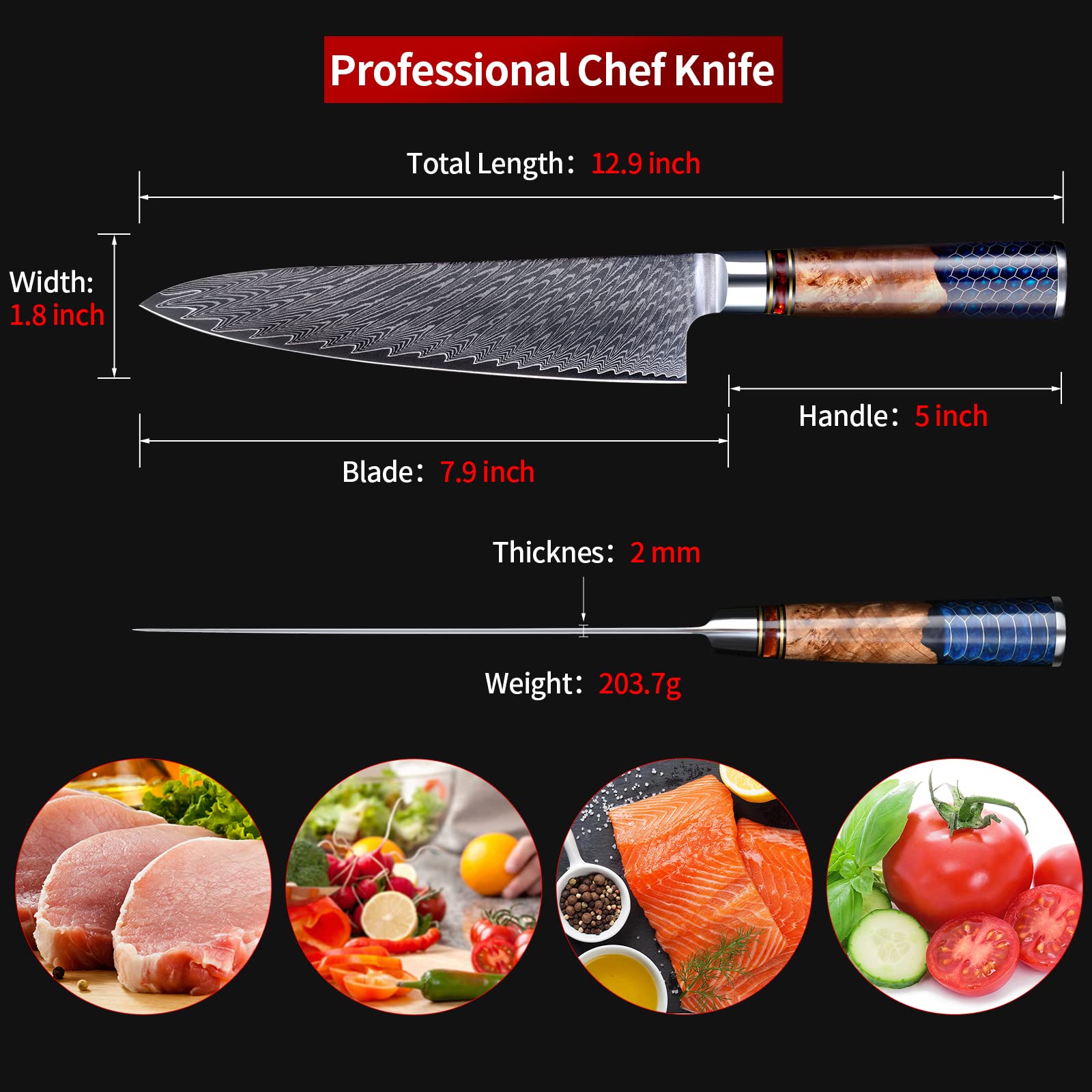 JunJing 8 inch Damascus Chef Knife, Damascus Steel Kitchen Chef Knife, Gyuto Chef Knife 67-layer High Carbon Stainless Steel with Ergonomic Resin Wood Handle