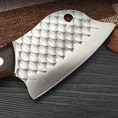 Fubinaty 5 Inch Chef Knife Set Handmade Forged Squama Pattern Kitchen Cleaver Knives High Carbon Steel Cooking Knife with Full Tang Wood Handle and PU Leather Sheath for Home Restaurant Camping BBQ