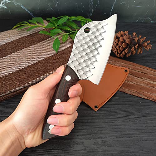 Fubinaty 5 Inch Chef Knife Set Handmade Forged Squama Pattern Kitchen Cleaver Knives High Carbon Steel Cooking Knife with Full Tang Wood Handle and PU Leather Sheath for Home Restaurant Camping BBQ