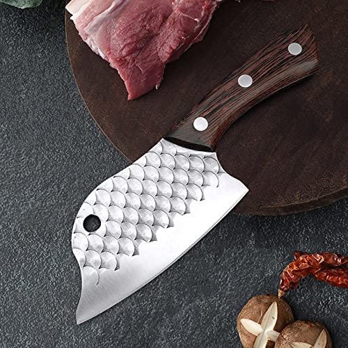 Fubinaty 5 Inch Chef Knife Set Handmade Forged Squama Pattern Kitchen Cleaver Knives High Carbon Steel Cooking Knife with Full Tang Wood Handle and PU Leather Sheath for Home Restaurant Camping BBQ