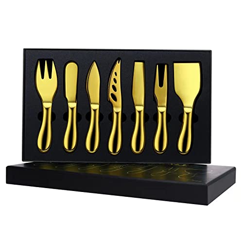 Kats Beypg Advanced 7-Pieces Cheese Knife Set Collection 18/10 Stainless Steel Cheese Knives Sets Charcuterie Utensils With Cheese Knife And Cheese Slicer,Exquisite Cheese Spreader Gift Sets (Gold)