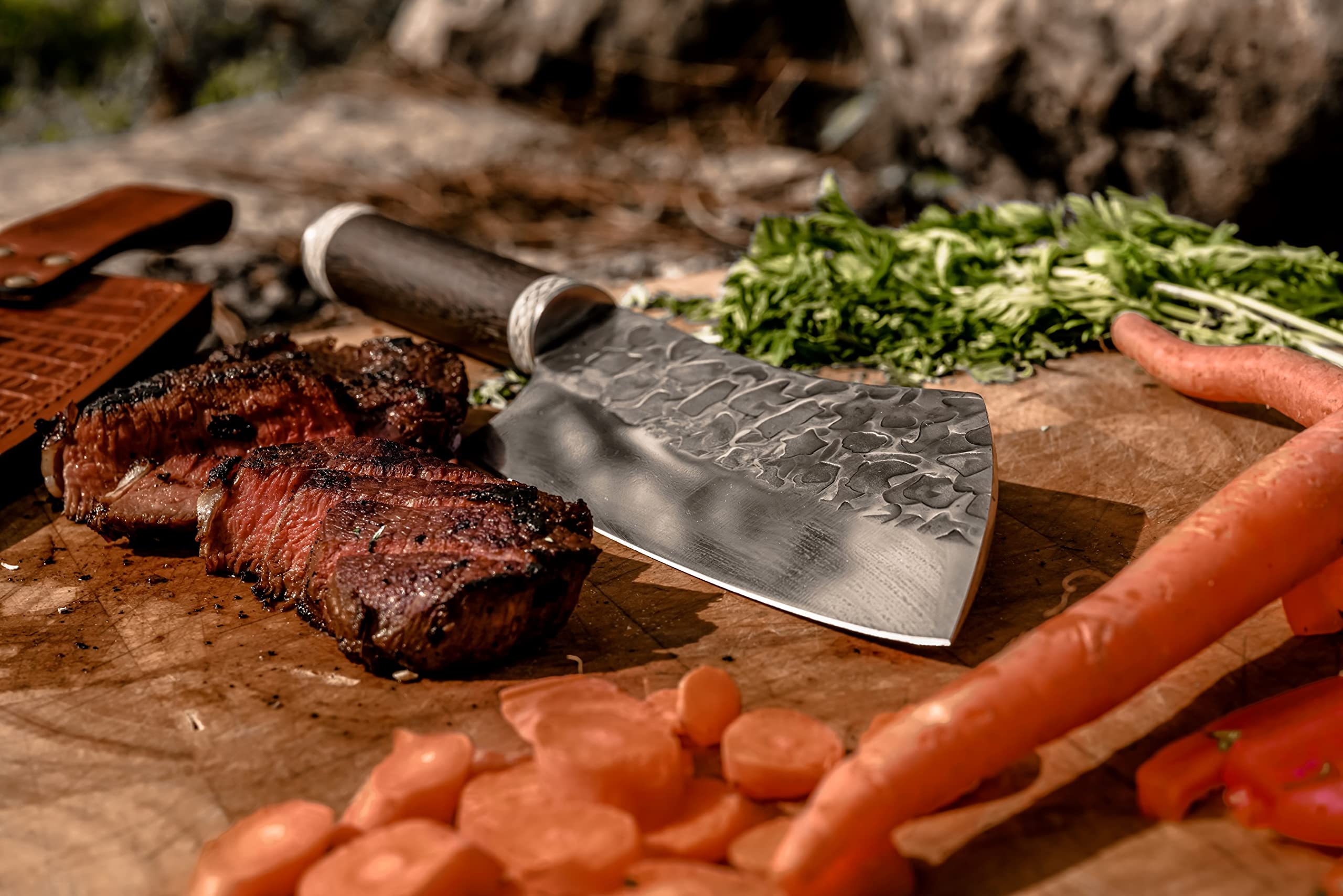 Norse Tradesman Chef & Cleaver Hybrid Knife - 7.5" Razor Sharp Kitchen Knife – Genuine Cowbone Accented Handle with Celtic Knot Engravings – Artisan Forged