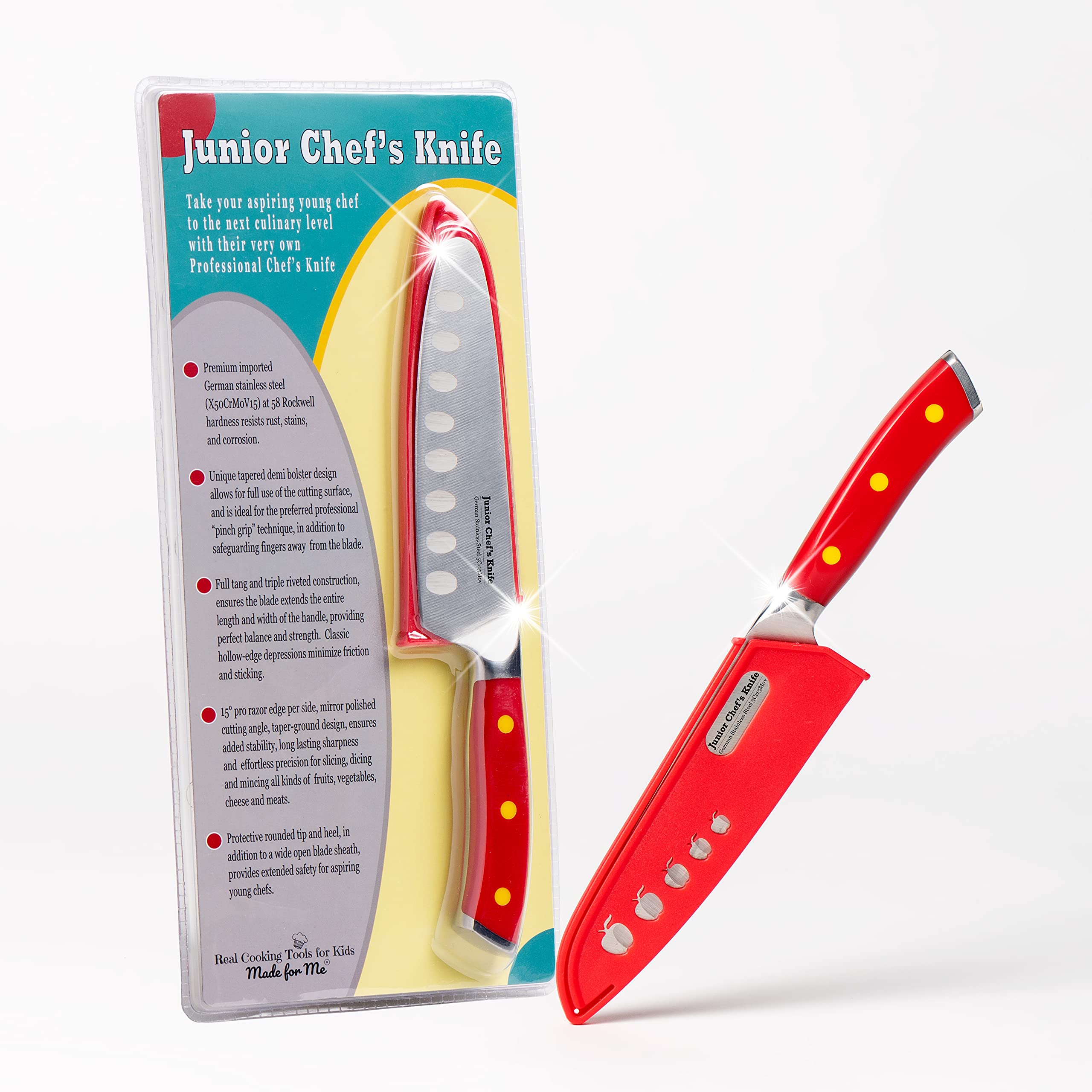 Cooking with Kids - Junior Chef's Knife for Kids (CRIMSON) - Full Tang, Tapered Demi-Bolster Design, High Performance German Stainless Steel: Real Cooking Tools for Children…