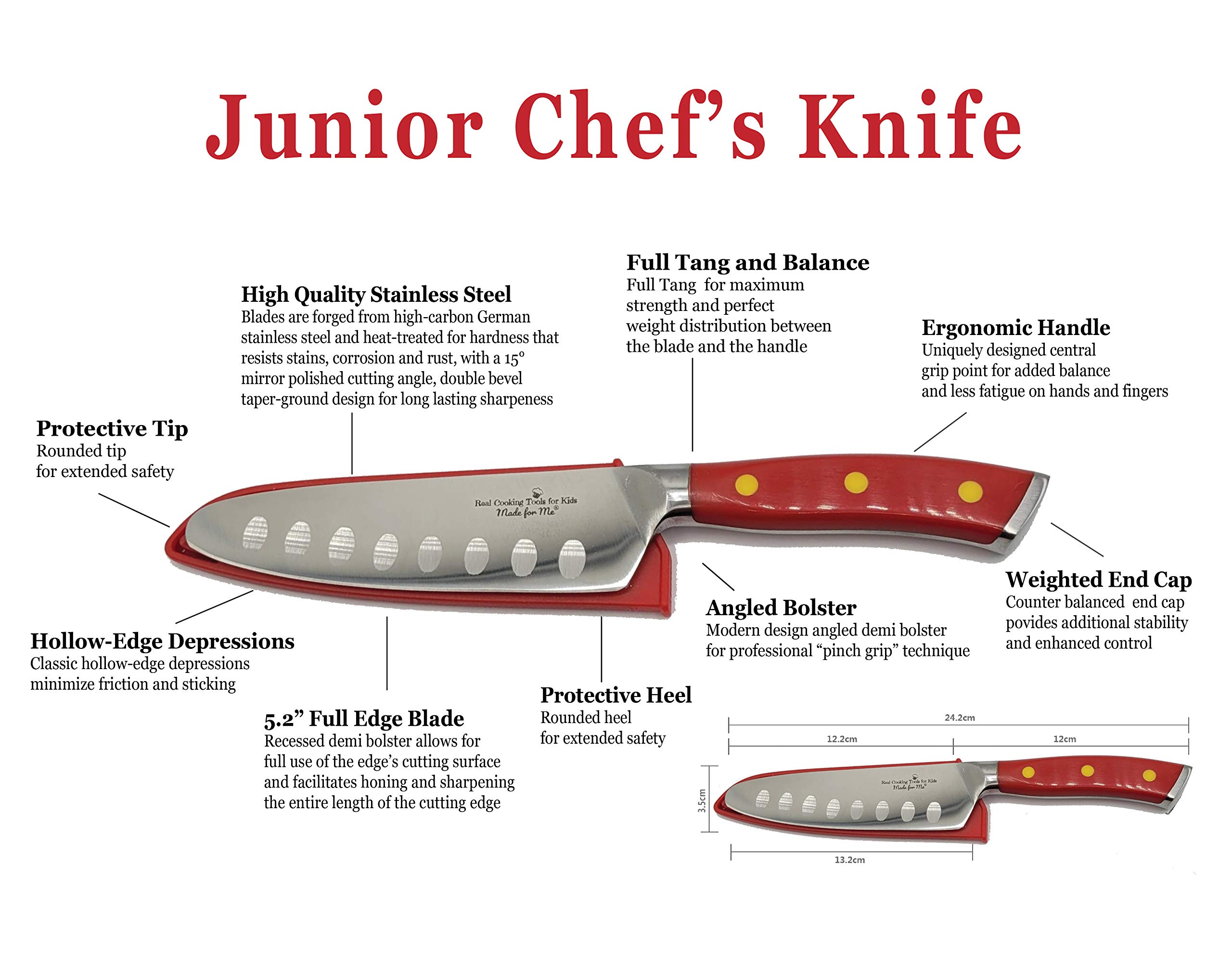 Cooking with Kids - Junior Chef's Knife for Kids (CRIMSON) - Full Tang, Tapered Demi-Bolster Design, High Performance German Stainless Steel: Real Cooking Tools for Children…