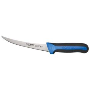 winco sof-tek, 6" boning knife, curved, soft grip handle,silver/black/blue