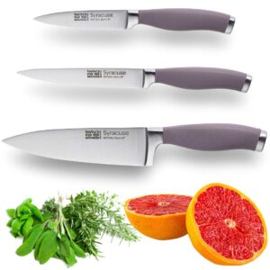 taylors eye witness syracuse kitchen knife 3pce set - paring 8cm/3.5”, chefs 15cm/6” & cooks all purpose 13cm/5” cutting edge. ultra fine, razor sharp blade. soft textured grip berry colour handle