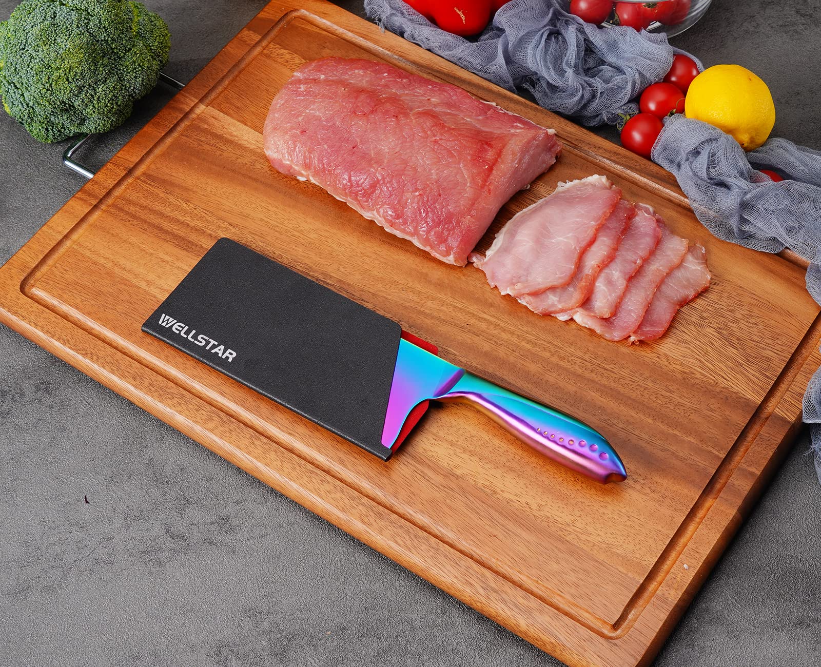 WELLSTAR Rainbow Meat Cleaver and Blade Guard, 7 inch Iridescent Chinese Meat Vegetable Butcher Knife, Super Sharp German High Carbon Stainless Steel Chef’s Kitchen Knife with Ergonomic Handle