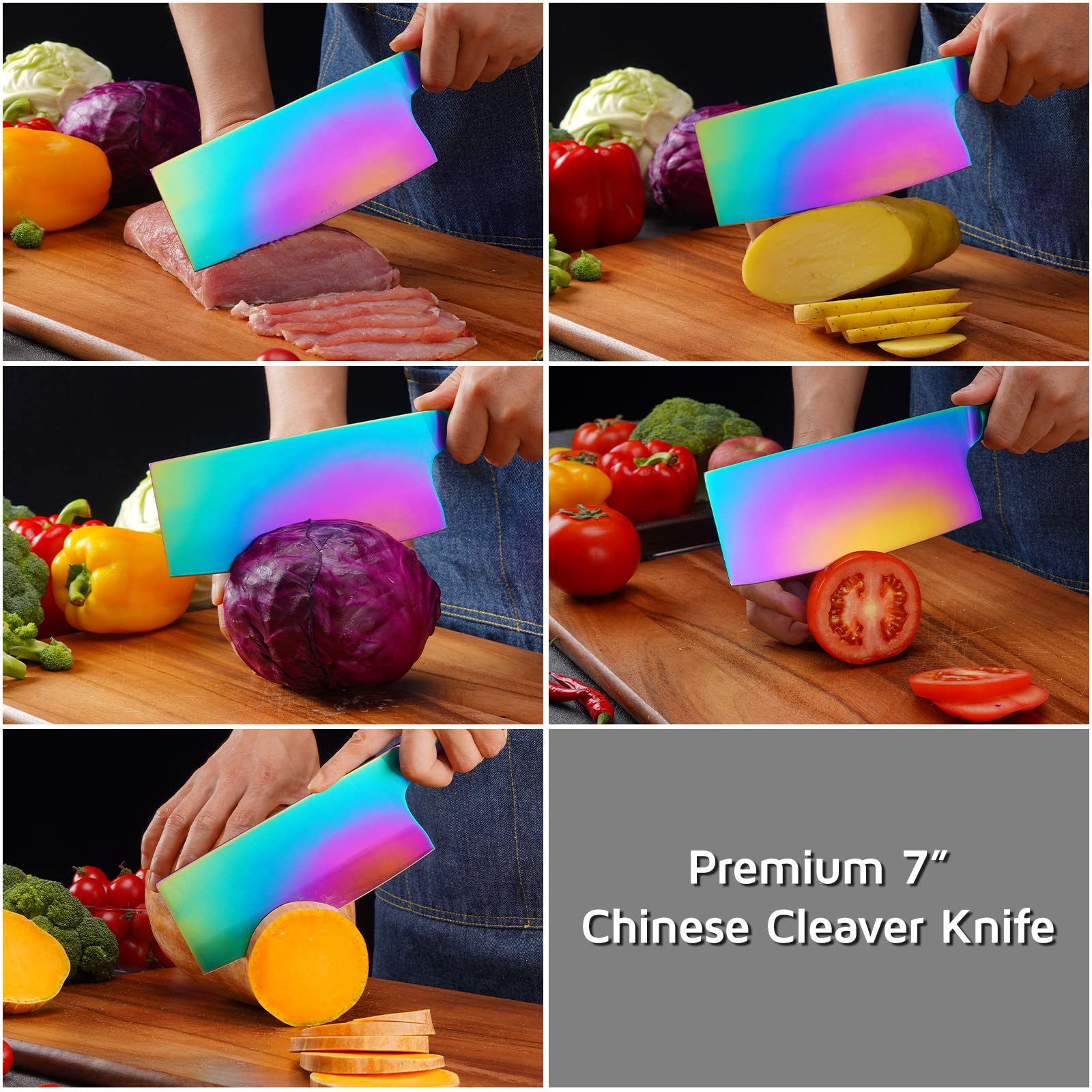 WELLSTAR Rainbow Meat Cleaver and Blade Guard, 7 inch Iridescent Chinese Meat Vegetable Butcher Knife, Super Sharp German High Carbon Stainless Steel Chef’s Kitchen Knife with Ergonomic Handle