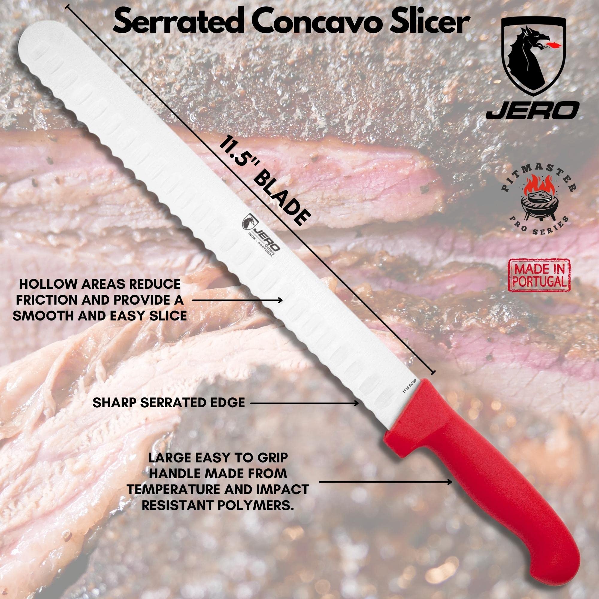 Jero 4 Piece Smoked Meat And Grilling Knife Set - Jero Exclusive Wide Blade Granton Edge Slicer - 6" Boning Knife - 4" Utility Knife - Comes with Knife Roll - Made in Portugal