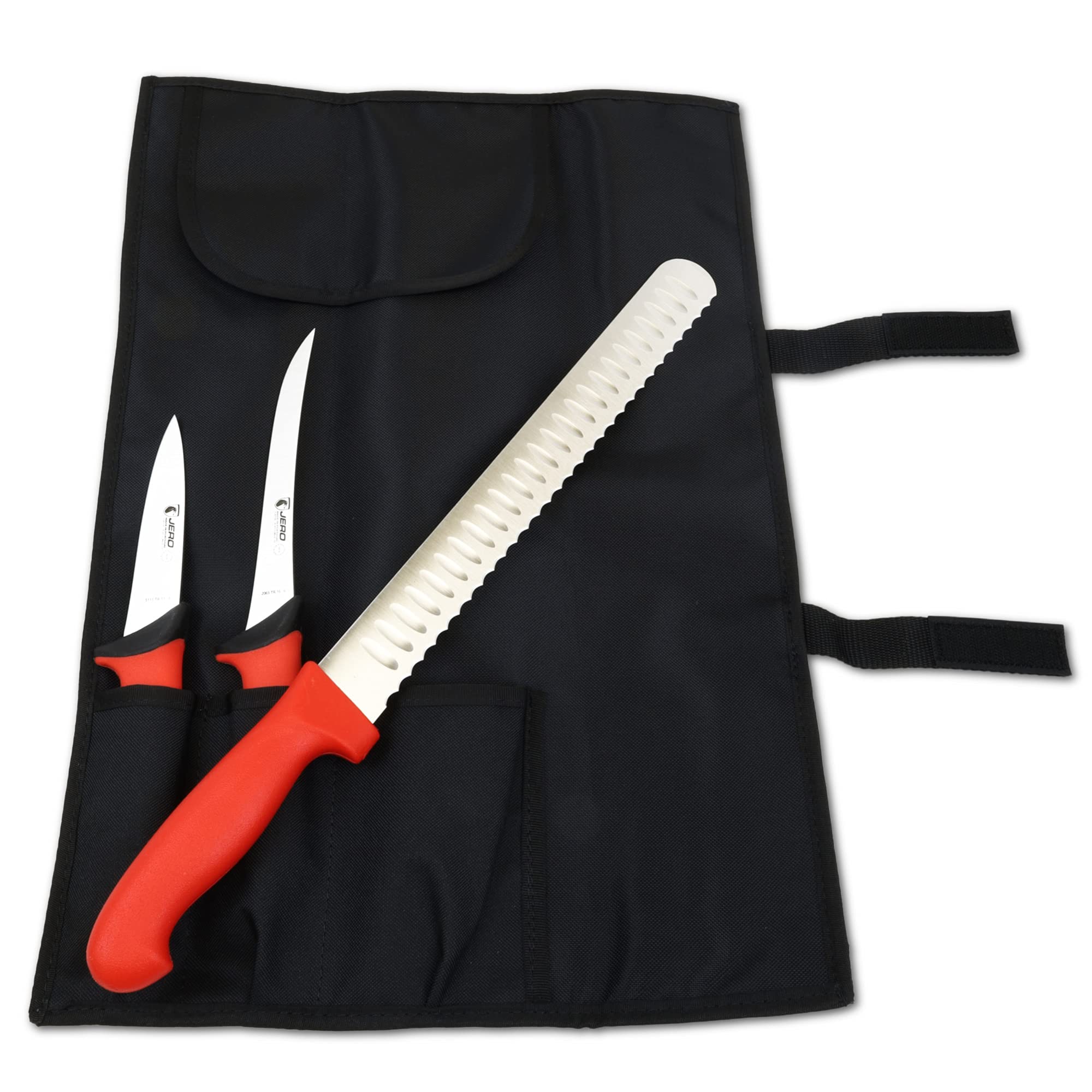 Jero 4 Piece Smoked Meat And Grilling Knife Set - Jero Exclusive Wide Blade Granton Edge Slicer - 6" Boning Knife - 4" Utility Knife - Comes with Knife Roll - Made in Portugal