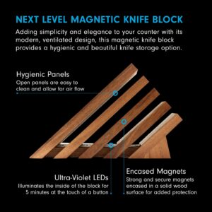 Messermeister Next Level Magnetic Knife Block, Acacia - Modern, Ventilated & Lighted with UV LEDs - Holds 16 Knives or Steels & Scissors - 12"w x 9"h x 5"d