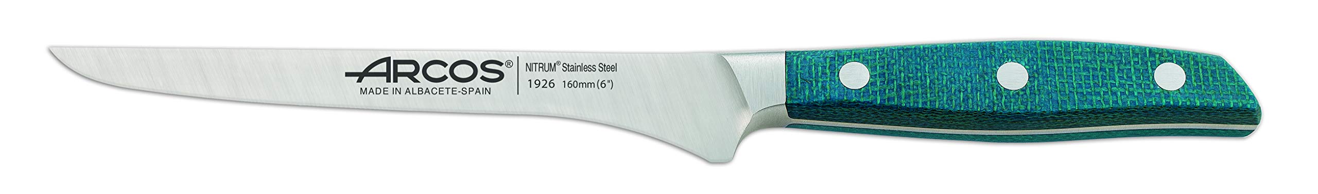 ARCOS Boning Knife 6 Inch Nitrum Stainless Steel and 160 mm blade. Professional Butcher Knife to Slice Bones from Meat. Ergonomic Polypropylene Handle. Series Brooklyn. Color Blue.