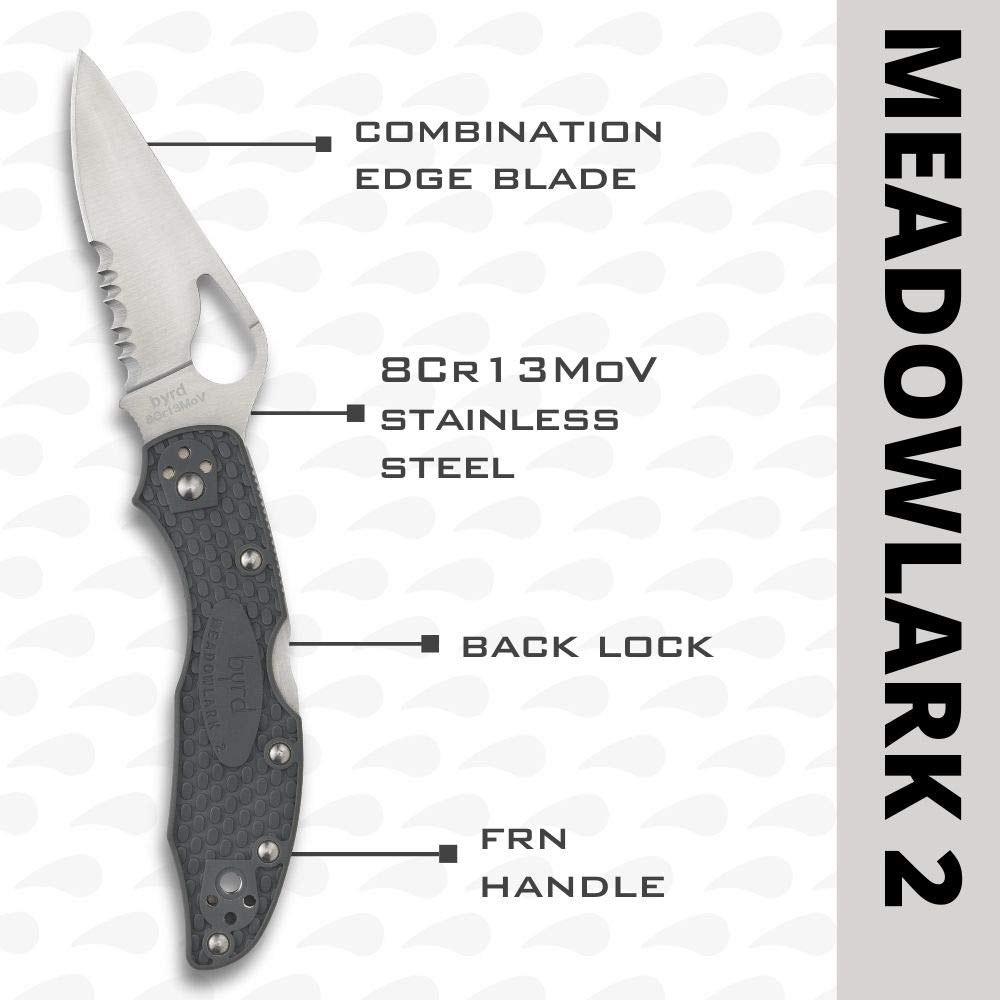 Spyderco Byrd Meadowlark 2 Lightweight Knife with 2.90" Stainless Steel Blade and Gray Non-Slip FRN Handle - CombinationEdge - BY04PSGY2