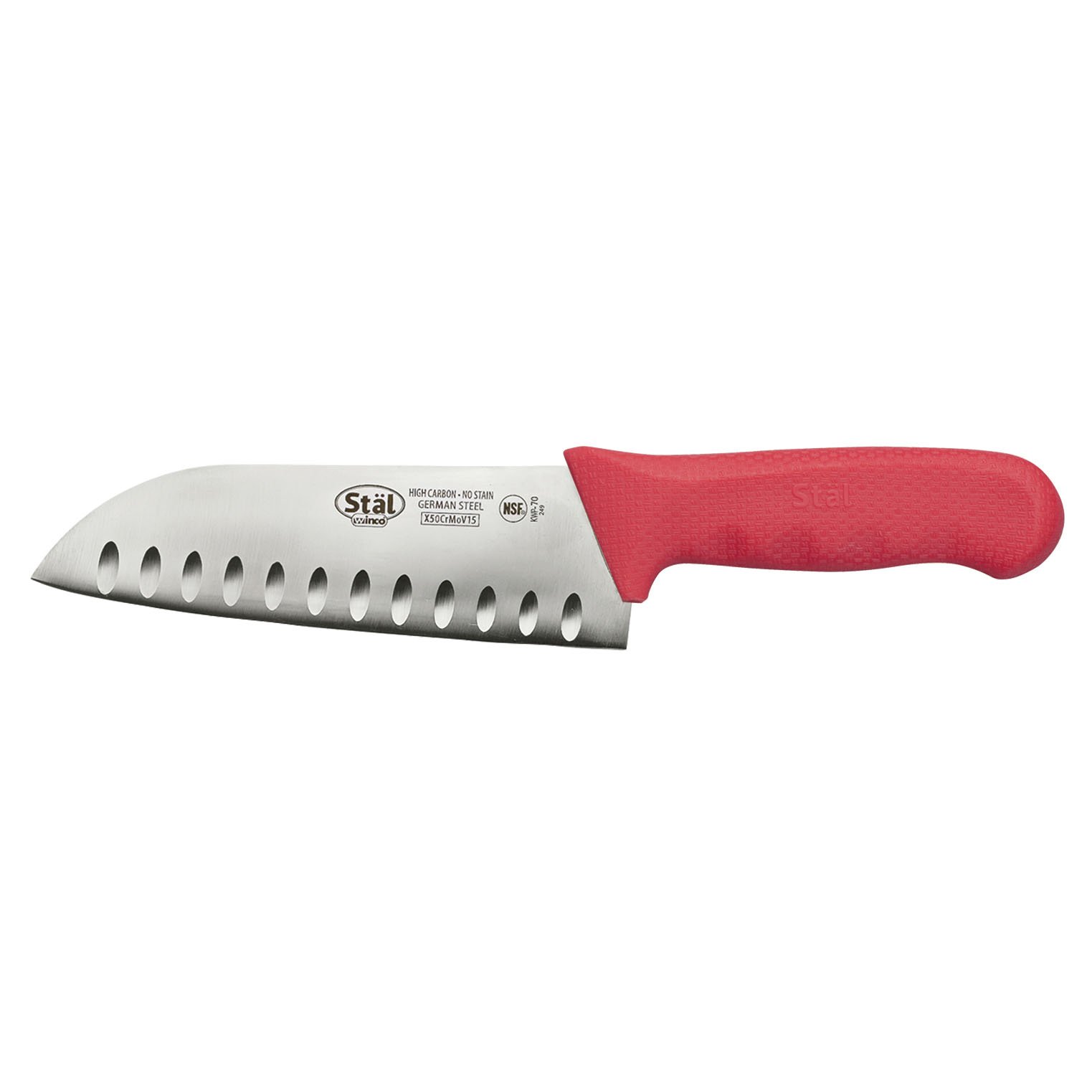 Winco KWP-70R Stäl Stamped Cutlery Santoku Knife 7" Stainless Steel Blade, Hollow Granton Edge, Red Plastic Handle