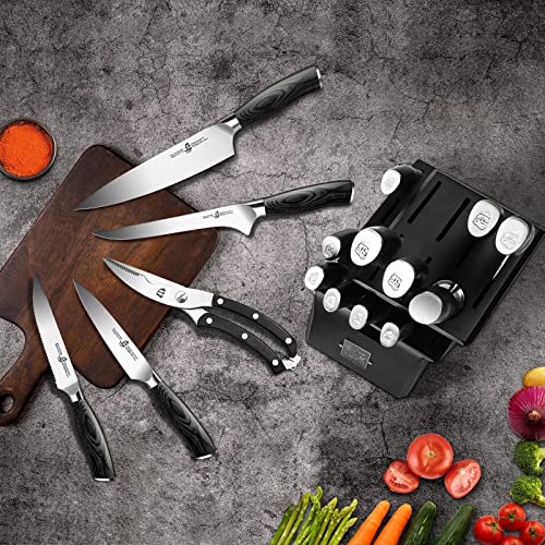 TUO 17pcs Knife Set With Block,Kitchen Knives Set,Knives Block Set With Knife Sharpener,German HC Steel Ergonomic Pakkawood Handle Gift Box Cutlery, Fiery Phoenix Series - Black