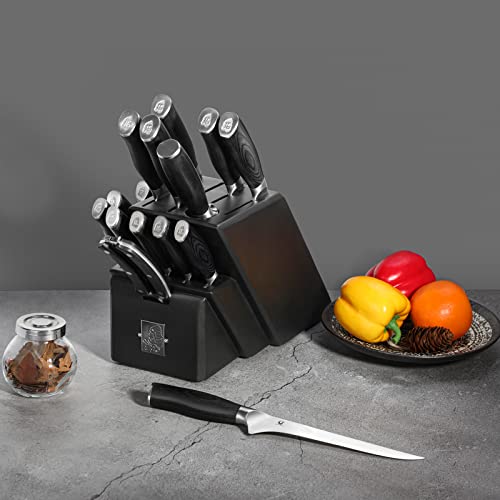 TUO 17pcs Knife Set With Block,Kitchen Knives Set,Knives Block Set With Knife Sharpener,German HC Steel Ergonomic Pakkawood Handle Gift Box Cutlery, Fiery Phoenix Series - Black