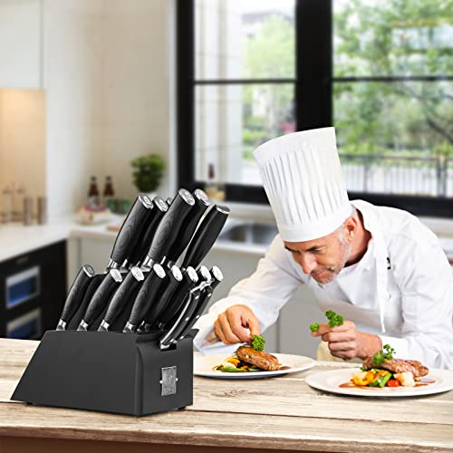 TUO 17pcs Knife Set With Block,Kitchen Knives Set,Knives Block Set With Knife Sharpener,German HC Steel Ergonomic Pakkawood Handle Gift Box Cutlery, Fiery Phoenix Series - Black