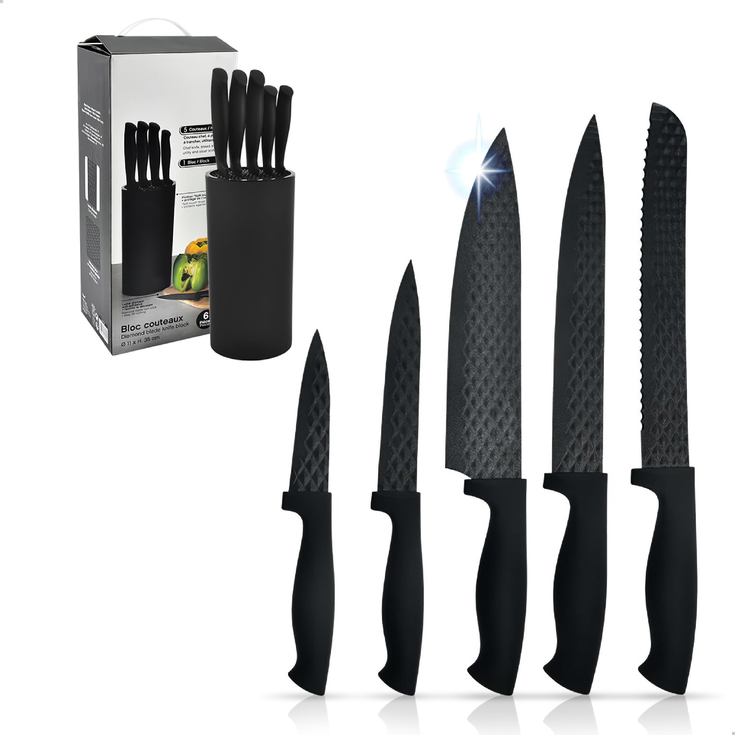 6 Piece Knife Set - Kitchen Knife Set Chef Knife Block Stainless Steel Cutting Sets Black Ceramic Professional Kitchen