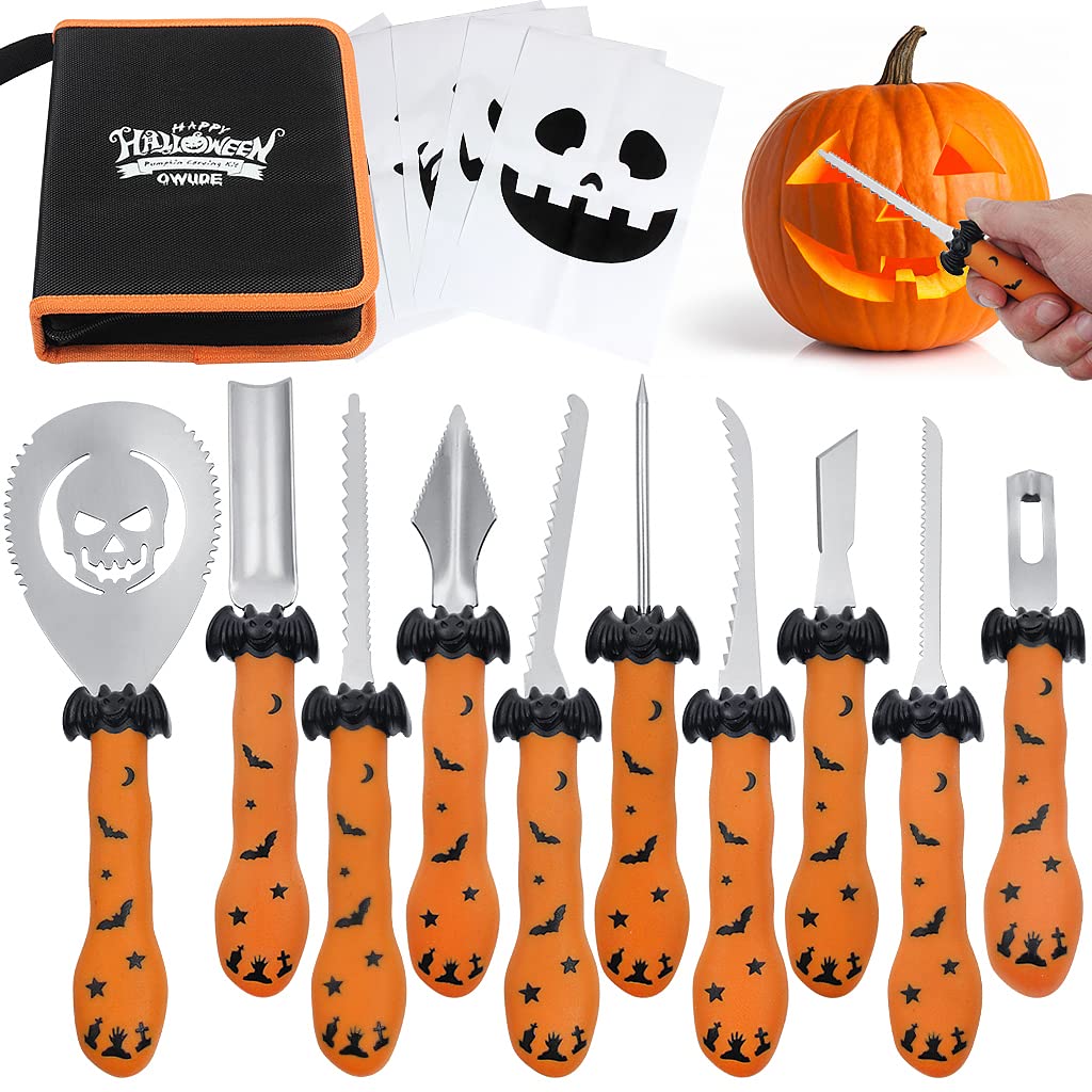 OWUDE Professional Pumpkin Carving Kit 10 Pcs Upgrade Anti-Slip Handle Heavy Duty Stainless Steel Carving Tools with Premium Carrying Case and 6 Pcs Stencils for Halloween DIY