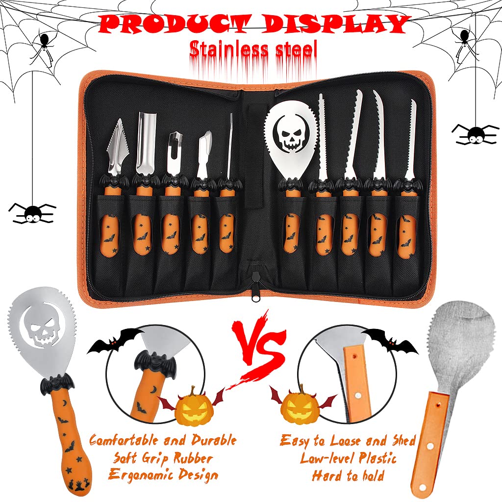 OWUDE Professional Pumpkin Carving Kit 10 Pcs Upgrade Anti-Slip Handle Heavy Duty Stainless Steel Carving Tools with Premium Carrying Case and 6 Pcs Stencils for Halloween DIY