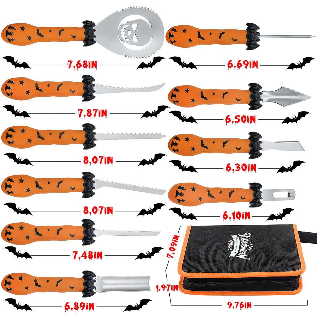 OWUDE Professional Pumpkin Carving Kit 10 Pcs Upgrade Anti-Slip Handle Heavy Duty Stainless Steel Carving Tools with Premium Carrying Case and 6 Pcs Stencils for Halloween DIY