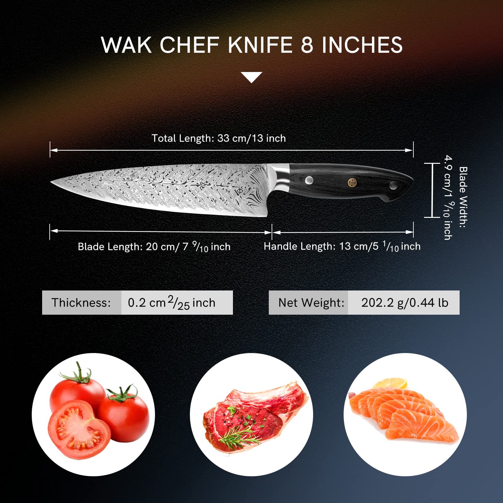 WAK Chef‘s Knife Sharp Hand Forged 5CR15Mov German Stainless Steel Kitchen Knives 8“ Bamboo-Like Handle, Cutting Effortlessly for Meat, Fruits, Bread, Vegetable, Restaurant, Supermarket