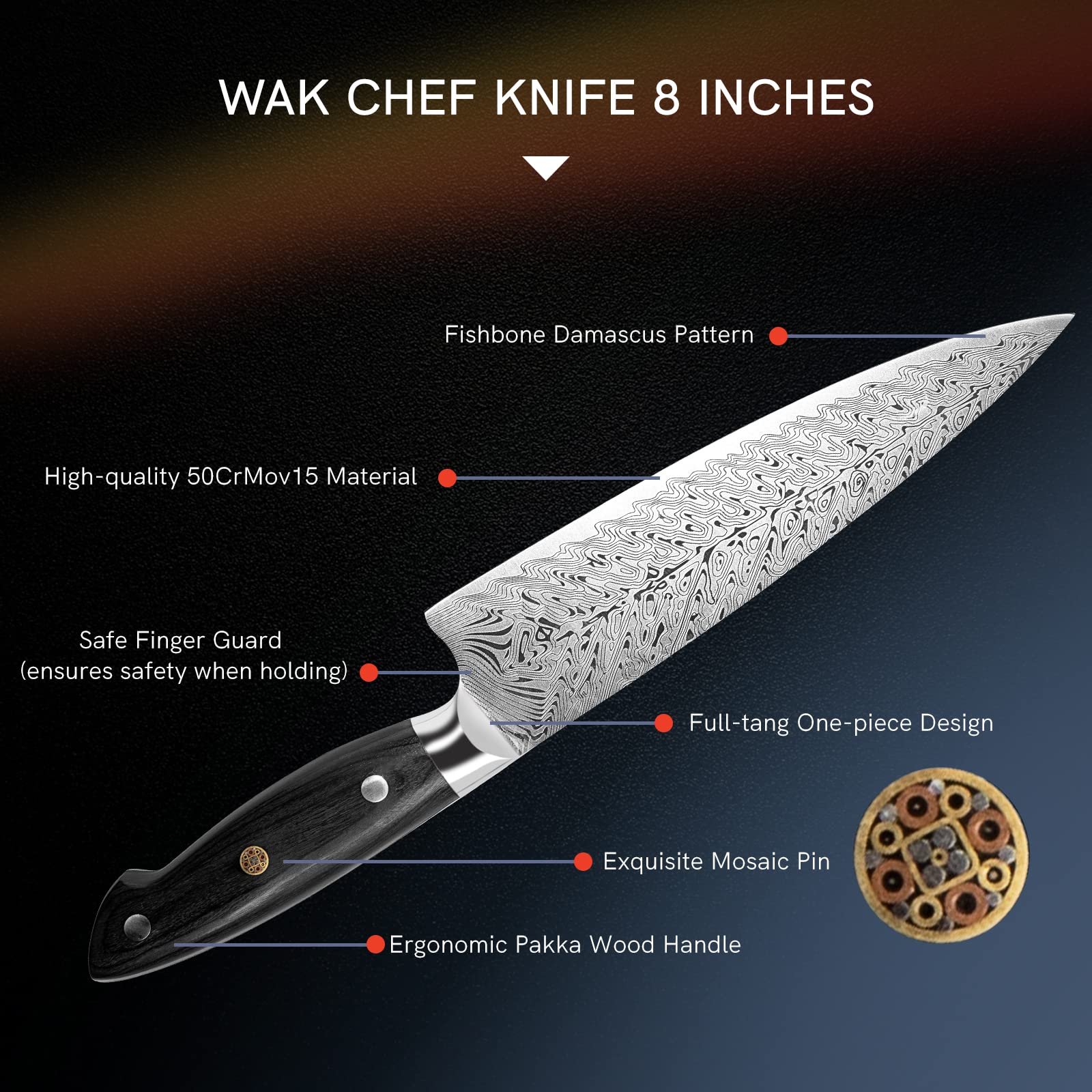 WAK Chef‘s Knife Sharp Hand Forged 5CR15Mov German Stainless Steel Kitchen Knives 8“ Bamboo-Like Handle, Cutting Effortlessly for Meat, Fruits, Bread, Vegetable, Restaurant, Supermarket