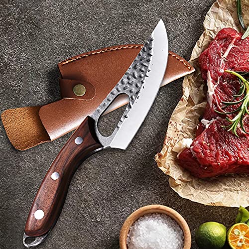 WXCOO Butcher Knife 5.9-INCH, Viking Knife Hand Forged Boning Knife with Leather Sheath & Sharpener, Kitchen Cleaver Meat knives for Home Outdoor BBQ Camping