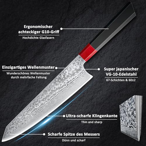 Ompusos 8.5” Chef Knife, Kitchen Knives Ultra Sharp, VG-10 Stainless Steel with Ergonomic G10 Octagonal Handle, Japanese Pro Chefs Knife Kitchen Knives with Gift Box & knife sheath