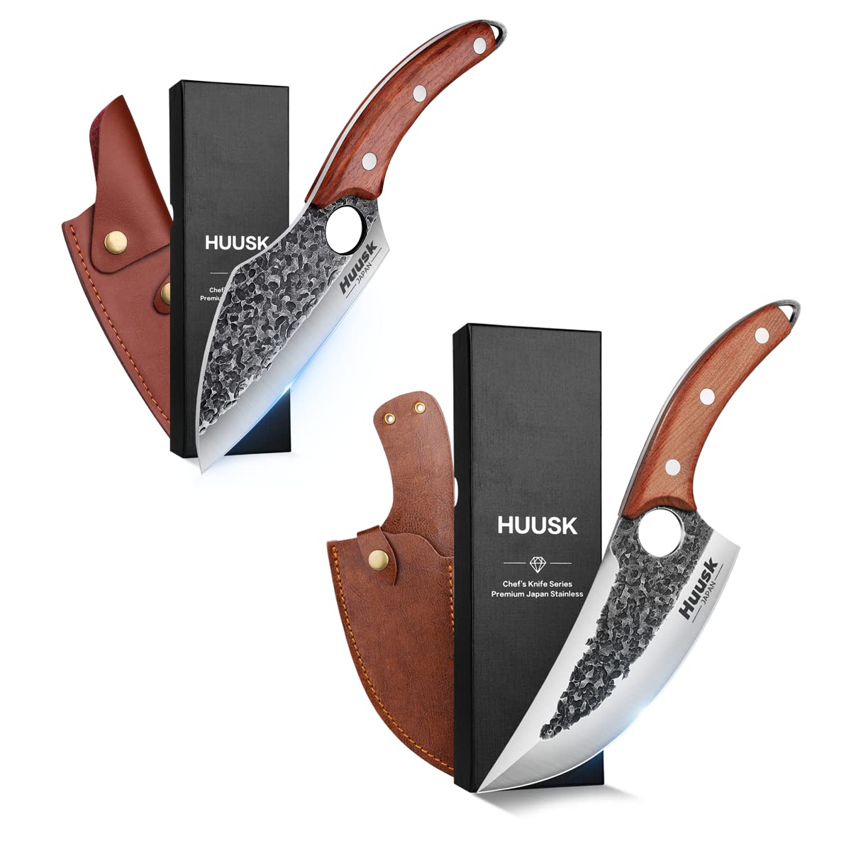 Huusk Upgraded Chef Knives Bundle with Outdoor Camping Cooking Knife with Leather Sheath and Gift Box