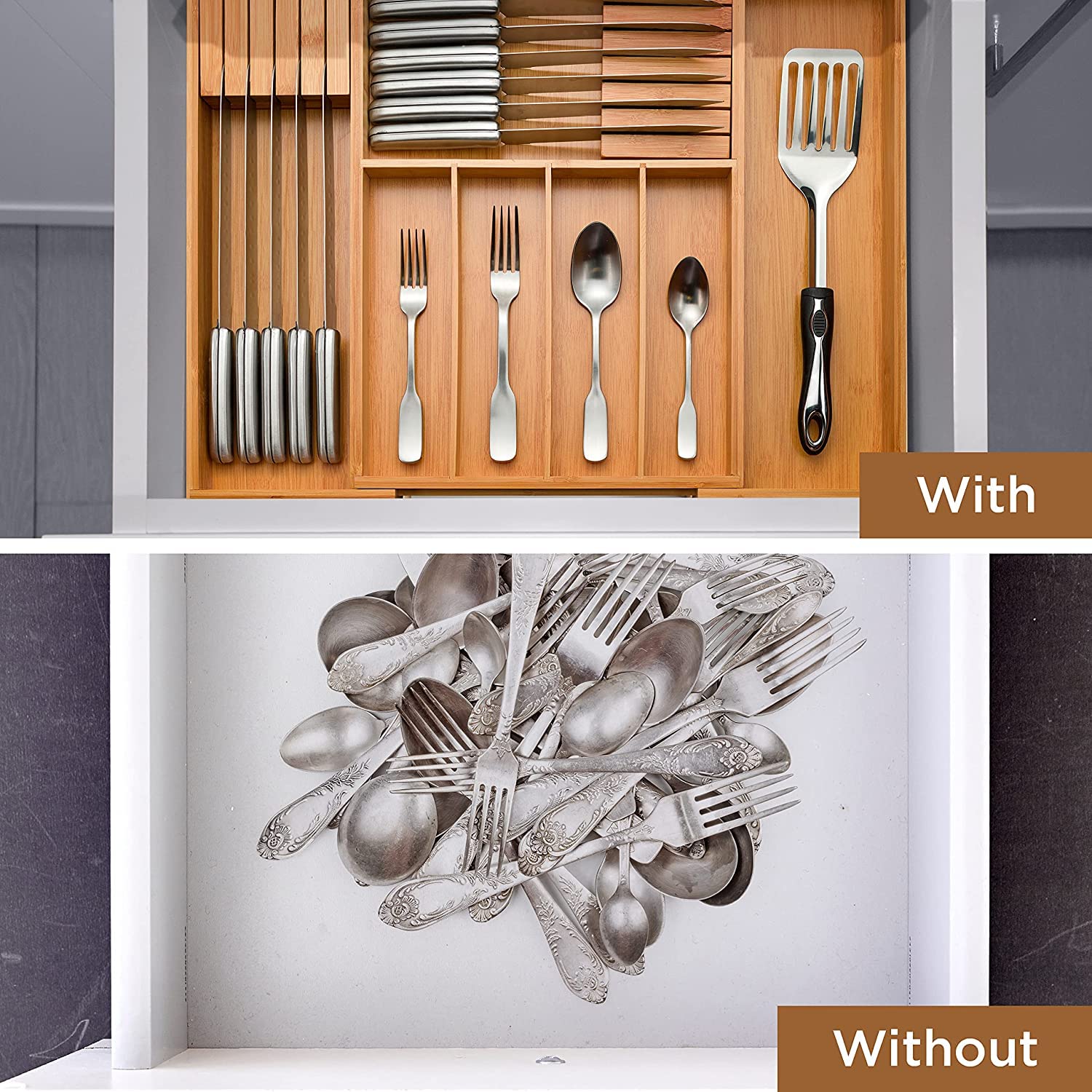 In-Drawer Knife Block Organizer and Utensil Organizer for Kitchen Drawers