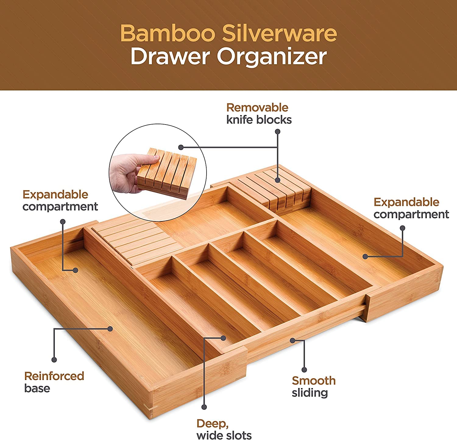 In-Drawer Knife Block Organizer and Utensil Organizer for Kitchen Drawers