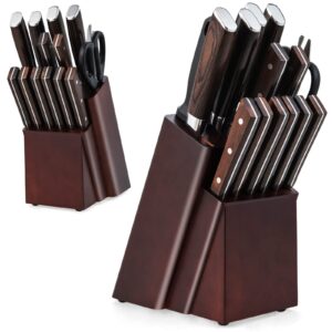 costway 15-pieces kitchen knife sets, with block, sharpener & kitchen shears, includes chef knife, bread knife, santoku knife, utility knife, paring knife, 6 steak knives (dark brown)