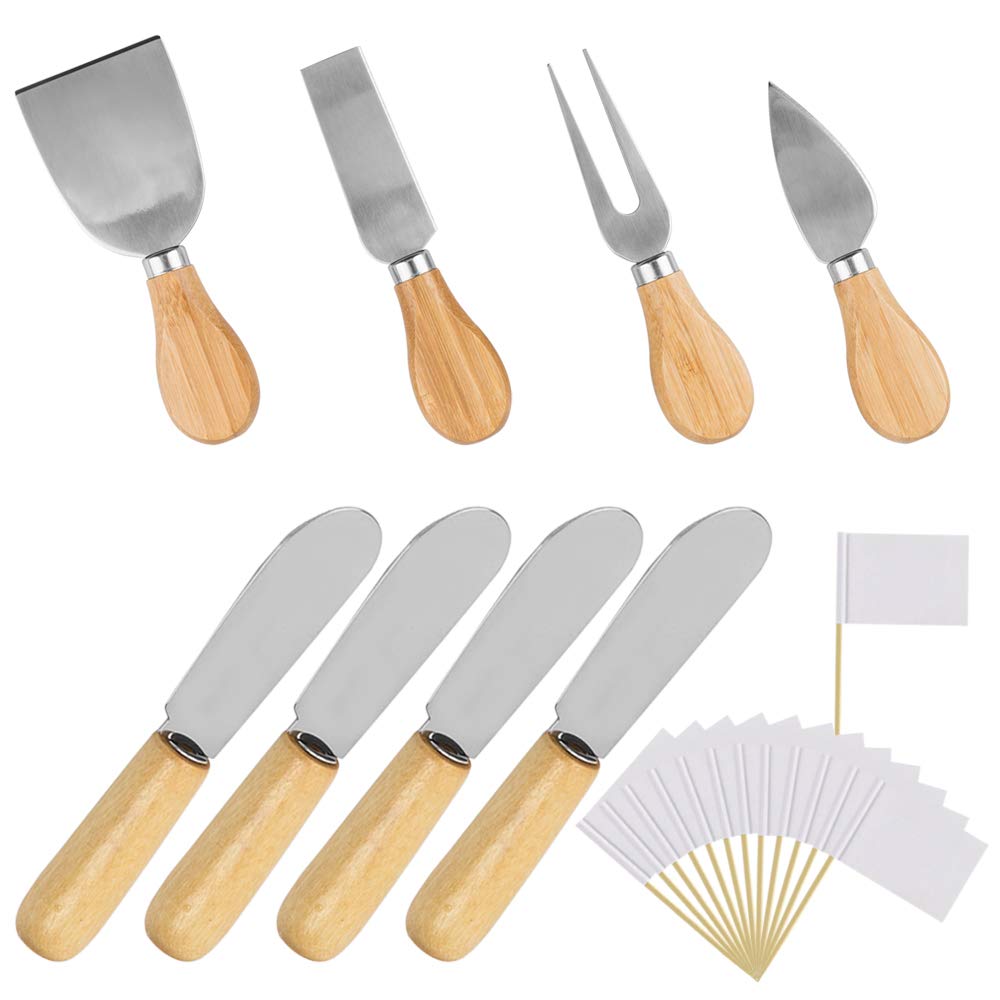 DaKuan Wood Handle Cheese Knives Spreaders Set with Blank Toothpick Flags, 10 Pieces Cheese Slicer Cheese Cutter Condiment Knives Set and 100 Pieces White Flags Labeling Cheese Markers