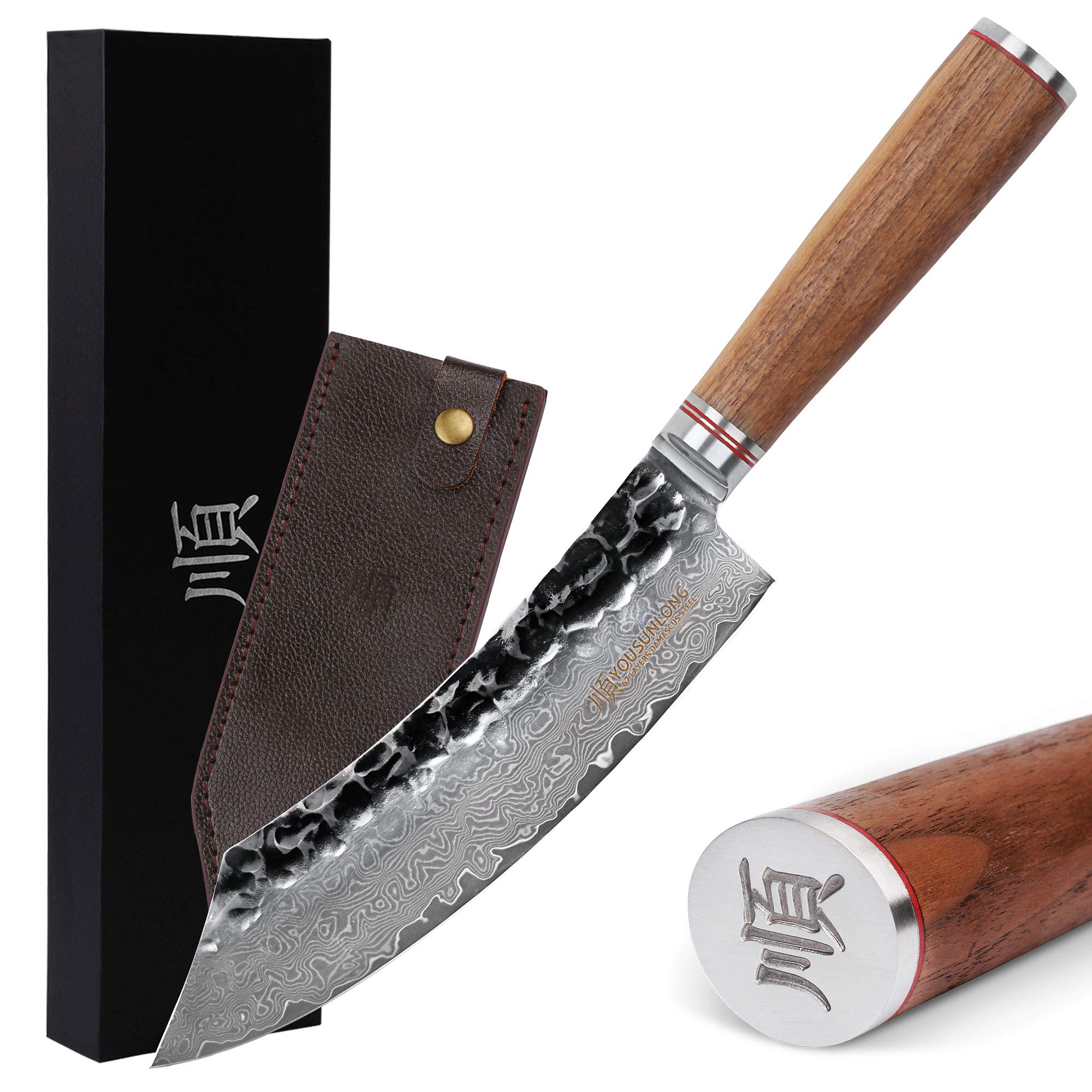 YOUSUNLONG Butcher Knife 8" Cimitar Hybrid Cleaver Japanese Hammered Damascus Steel Natural Walnut Wooden Handle