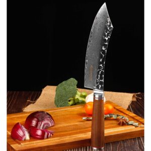 YOUSUNLONG Butcher Knife 8" Cimitar Hybrid Cleaver Japanese Hammered Damascus Steel Natural Walnut Wooden Handle