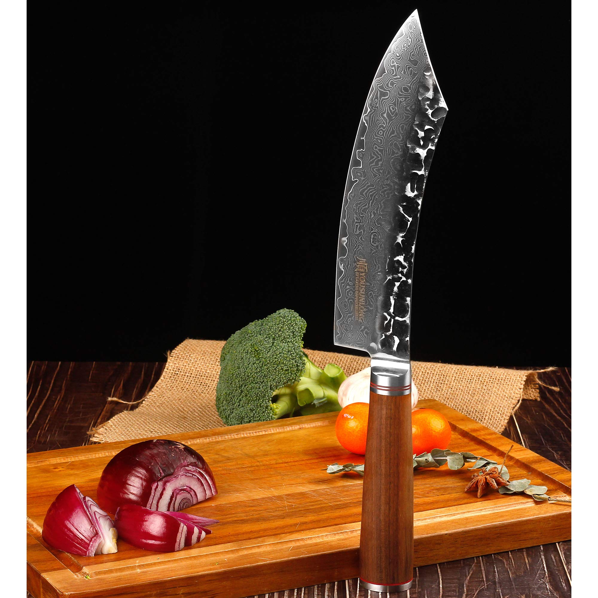 YOUSUNLONG Butcher Knife 8" Cimitar Hybrid Cleaver Japanese Hammered Damascus Steel Natural Walnut Wooden Handle