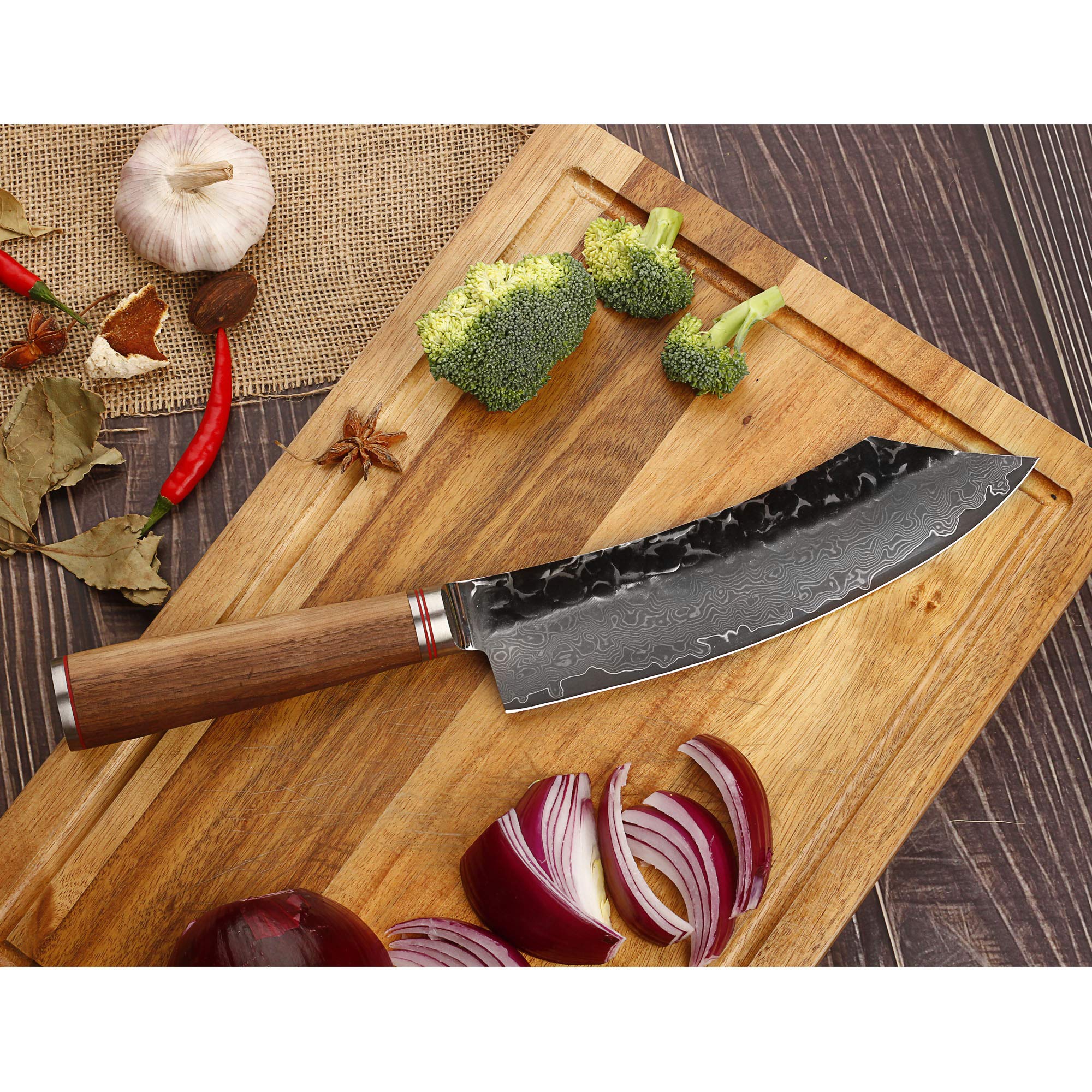 YOUSUNLONG Butcher Knife 8" Cimitar Hybrid Cleaver Japanese Hammered Damascus Steel Natural Walnut Wooden Handle