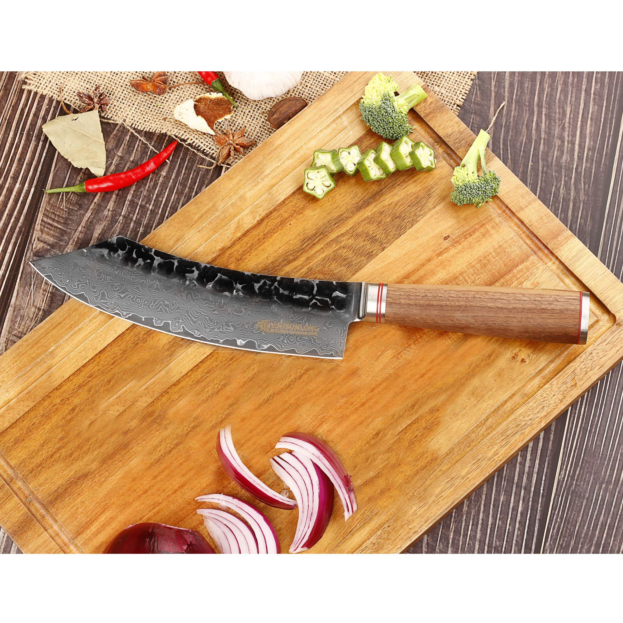 YOUSUNLONG Butcher Knife 8" Cimitar Hybrid Cleaver Japanese Hammered Damascus Steel Natural Walnut Wooden Handle