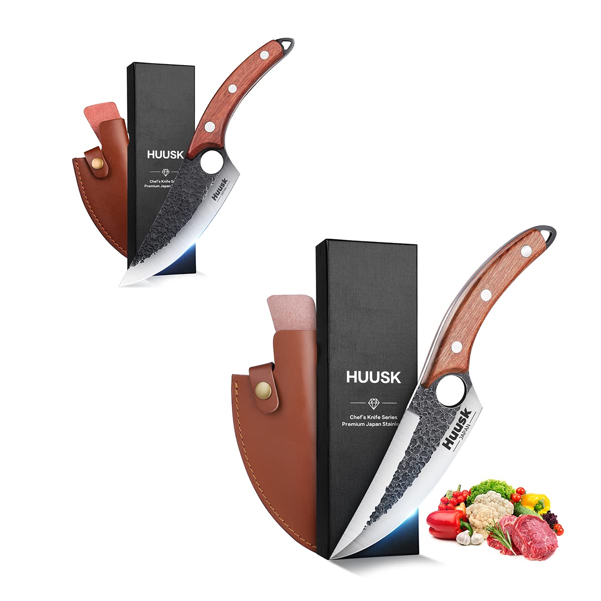 Huusk Knives Set Hand Forged Japanese Kitchen Knife with Sheath Outdoor Cooking Camping Knife Set for BBQ