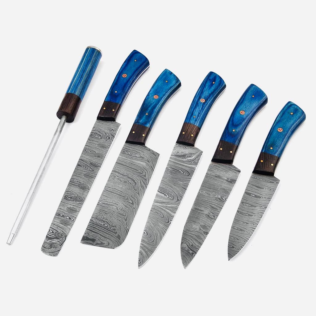 Handmade Damascus steel Chef Knives set with sharpener| 6 pcs of Professional Utility kitchen Knife Set with cleaver and leather Roll Bag