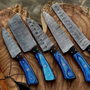 Handmade Damascus steel Chef Knives set with sharpener| 6 pcs of Professional Utility kitchen Knife Set with cleaver and leather Roll Bag