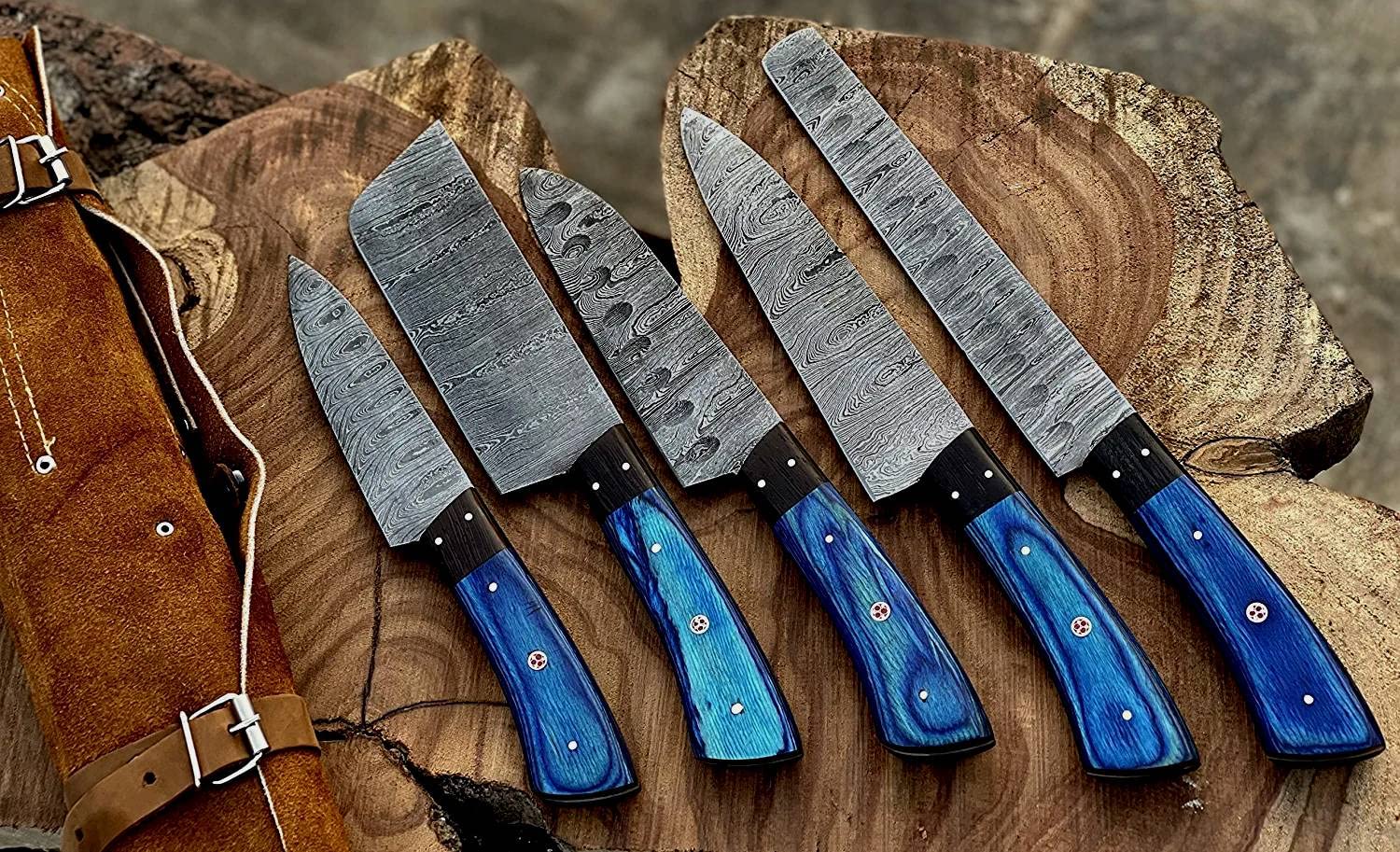 Handmade Damascus steel Chef Knives set with sharpener| 6 pcs of Professional Utility kitchen Knife Set with cleaver and leather Roll Bag